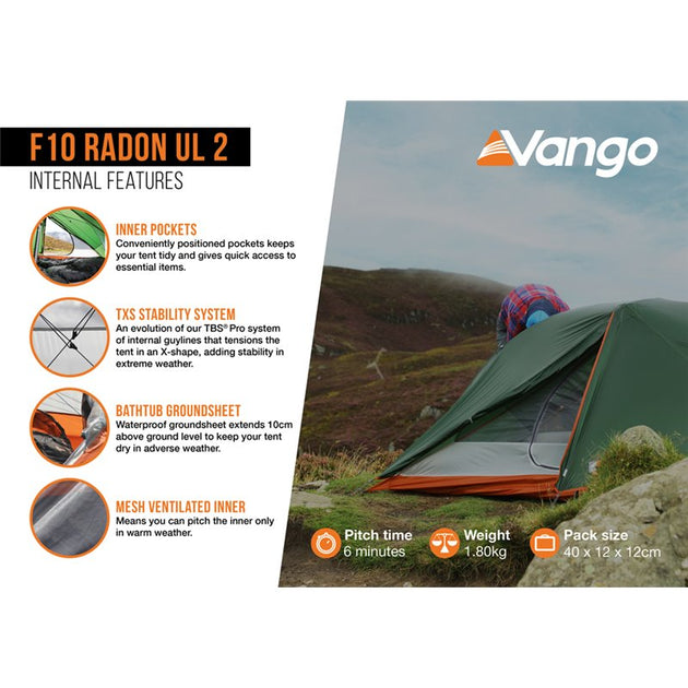 Vango F10 Radon UL 2 Lightweight Tent - Alpine Green – Fresh Air Junkie